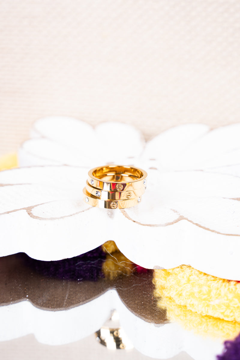 Goldtone and Crystal Band 3 Ring Set *Choose Your Size | HH – Howdy Honey