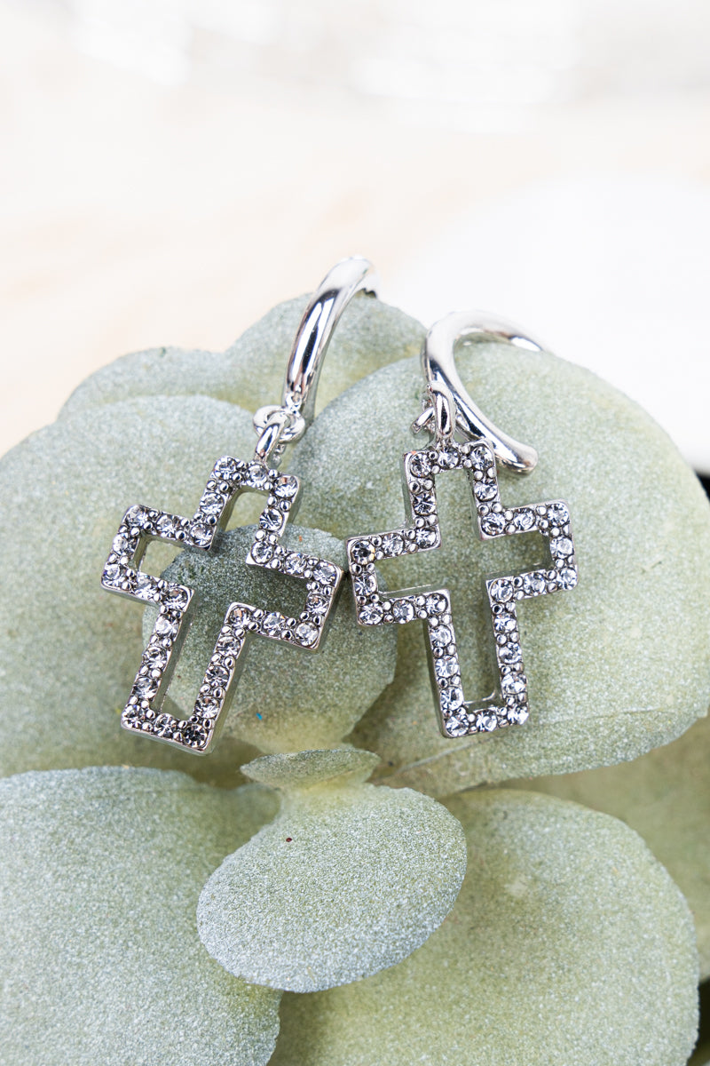 Crystal Silvertone Colette Cross Hoop Earrings | HH – Howdy Honey