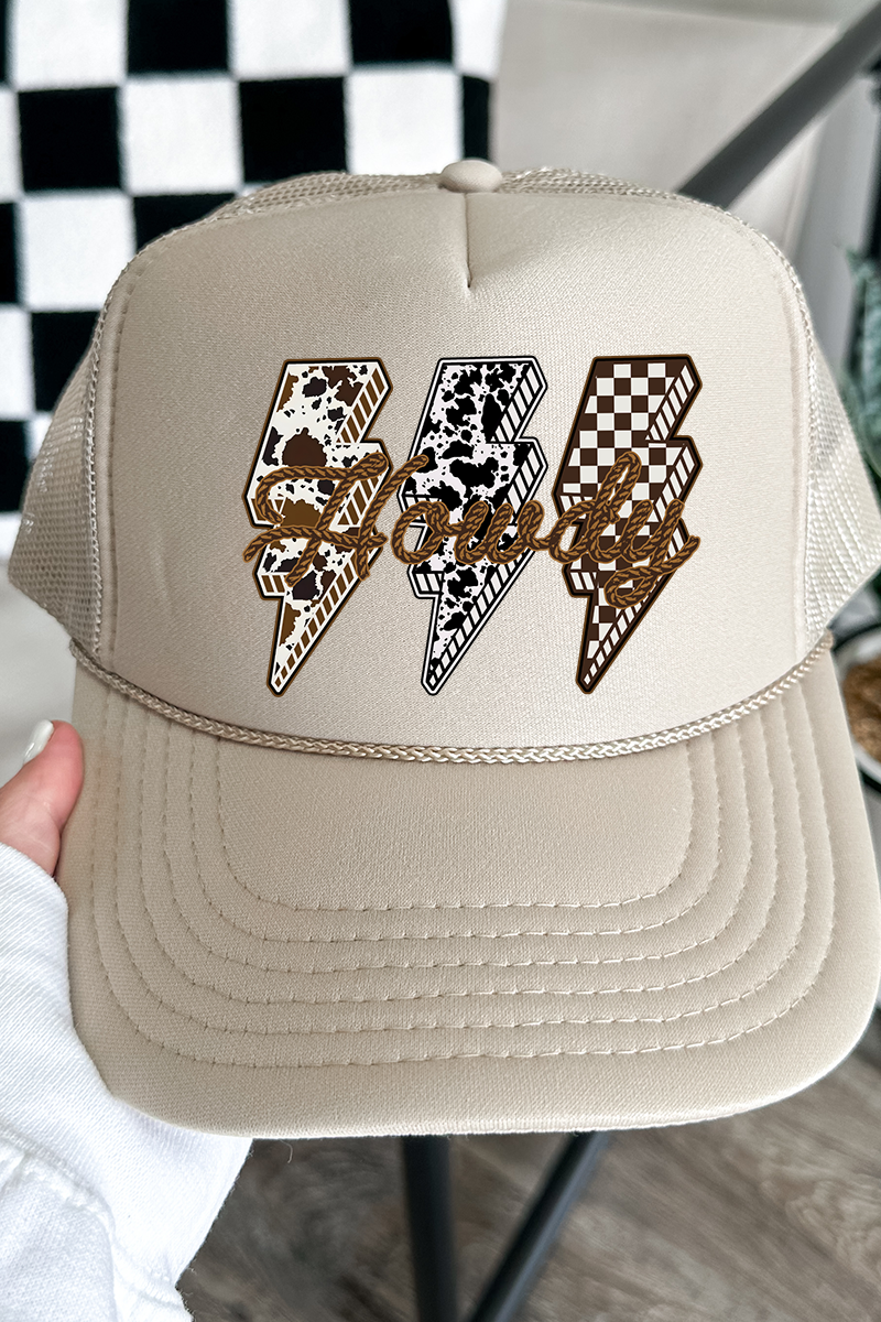 Roping Howdy Lightning Bolt Otto Khaki Foam Front Trucker Hat | HH ...