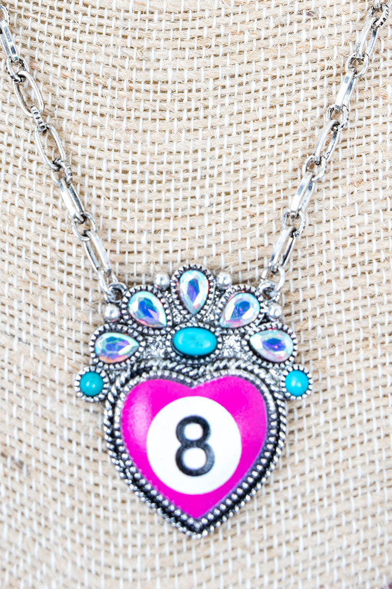 Rogue Shot Pink 8 Ball Heart Silvertone Necklace | HH – Howdy Honey