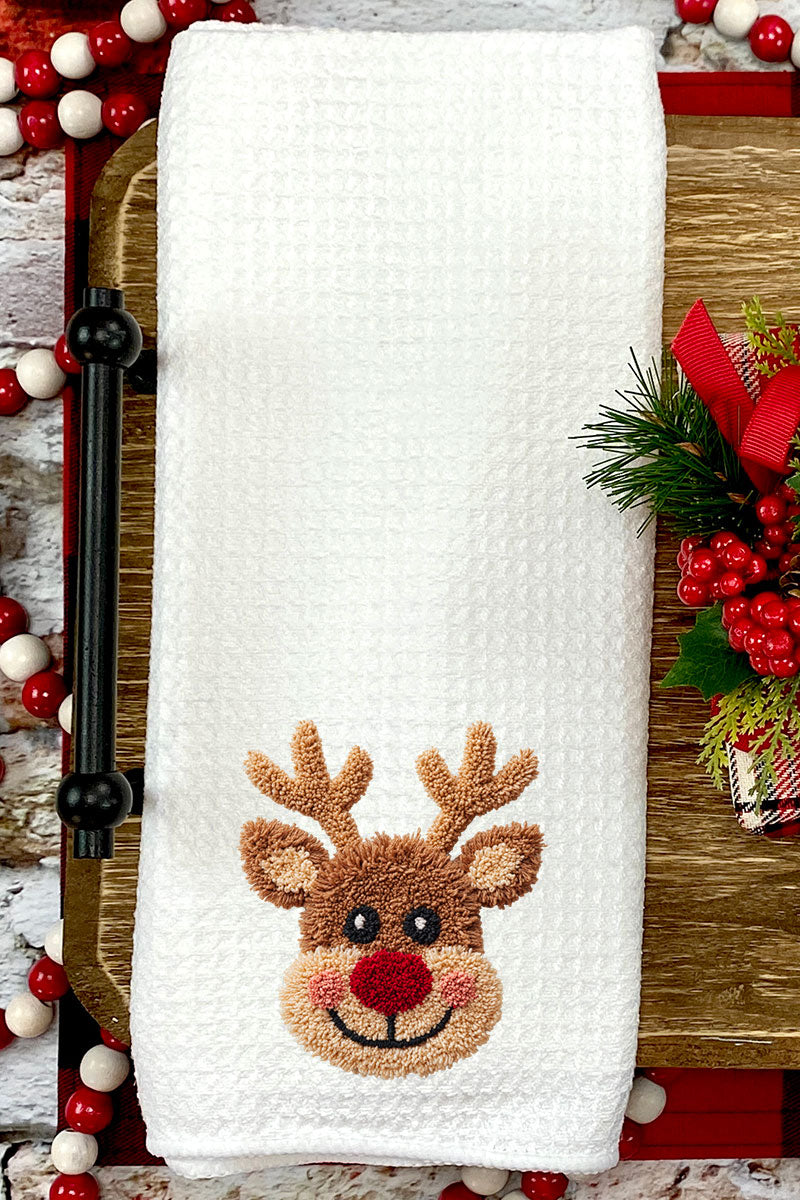 Faux Yarn Red Nose Reindeer Waffle Kitchen Towel | HH – Howdy Honey