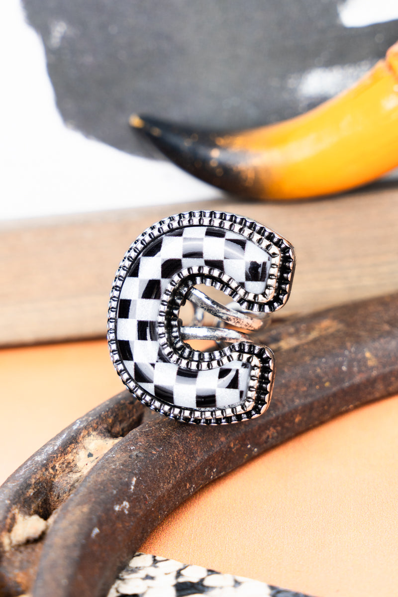 Black & White Checkered 'C' Silvertone Cuff Ring | HH – Howdy Honey