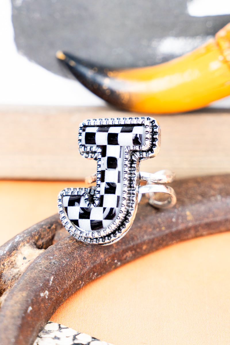 Black & White Checkered 'J' Silvertone Cuff Ring | HH – Howdy Honey